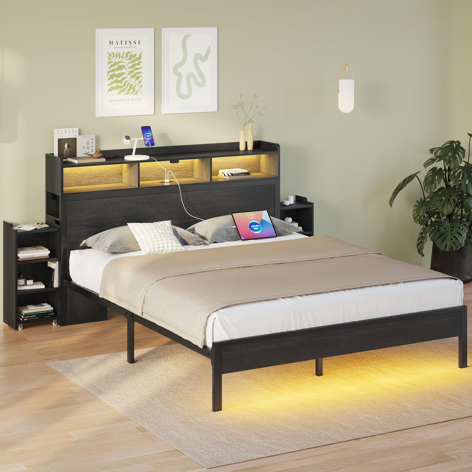 Bed Frame with Headboard & 2 Hidden Storage Cabinets, Bed with Chargin