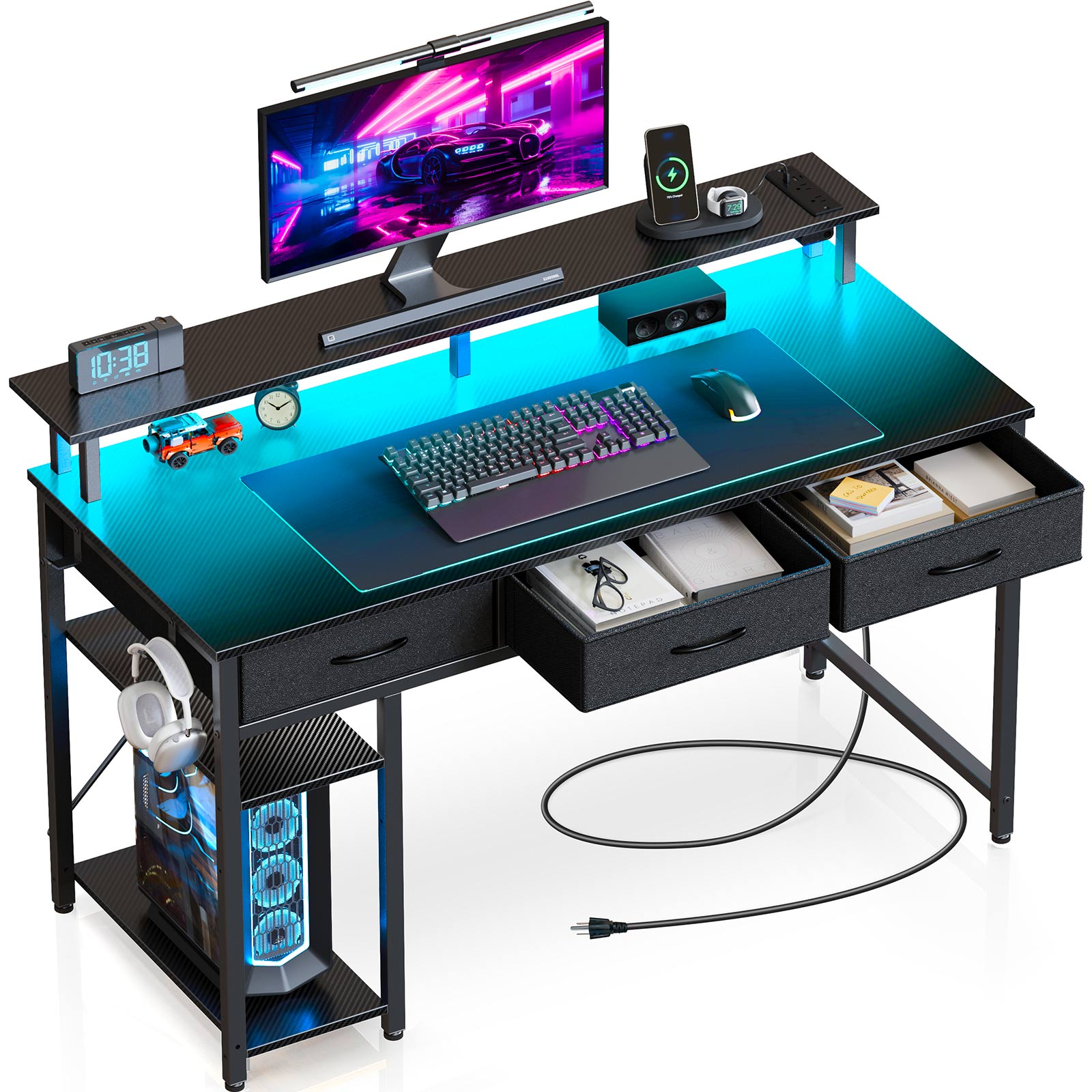 Rolanstar Computer Desk with Power Outlets & LED Light 47 inch Black