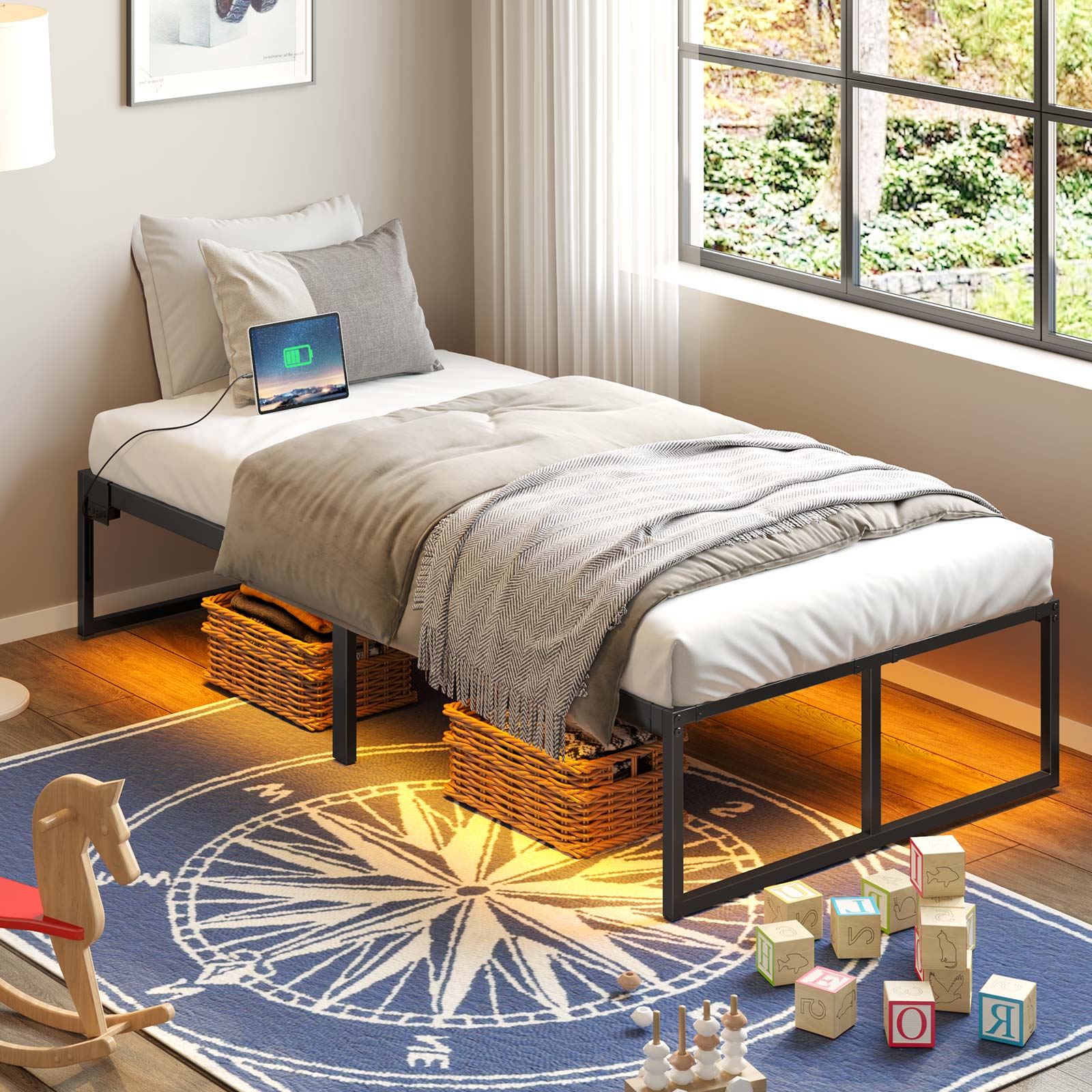 Rolanstar Bed Frame with Power Outlets& Led Lights