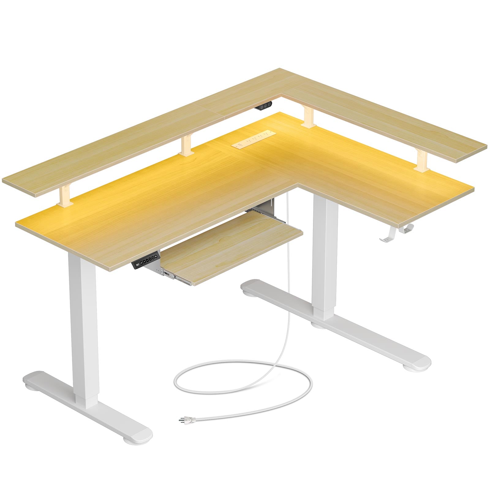 Rolanstar L Shaped Standing Desk with LED Light and Power Outlet, Dual