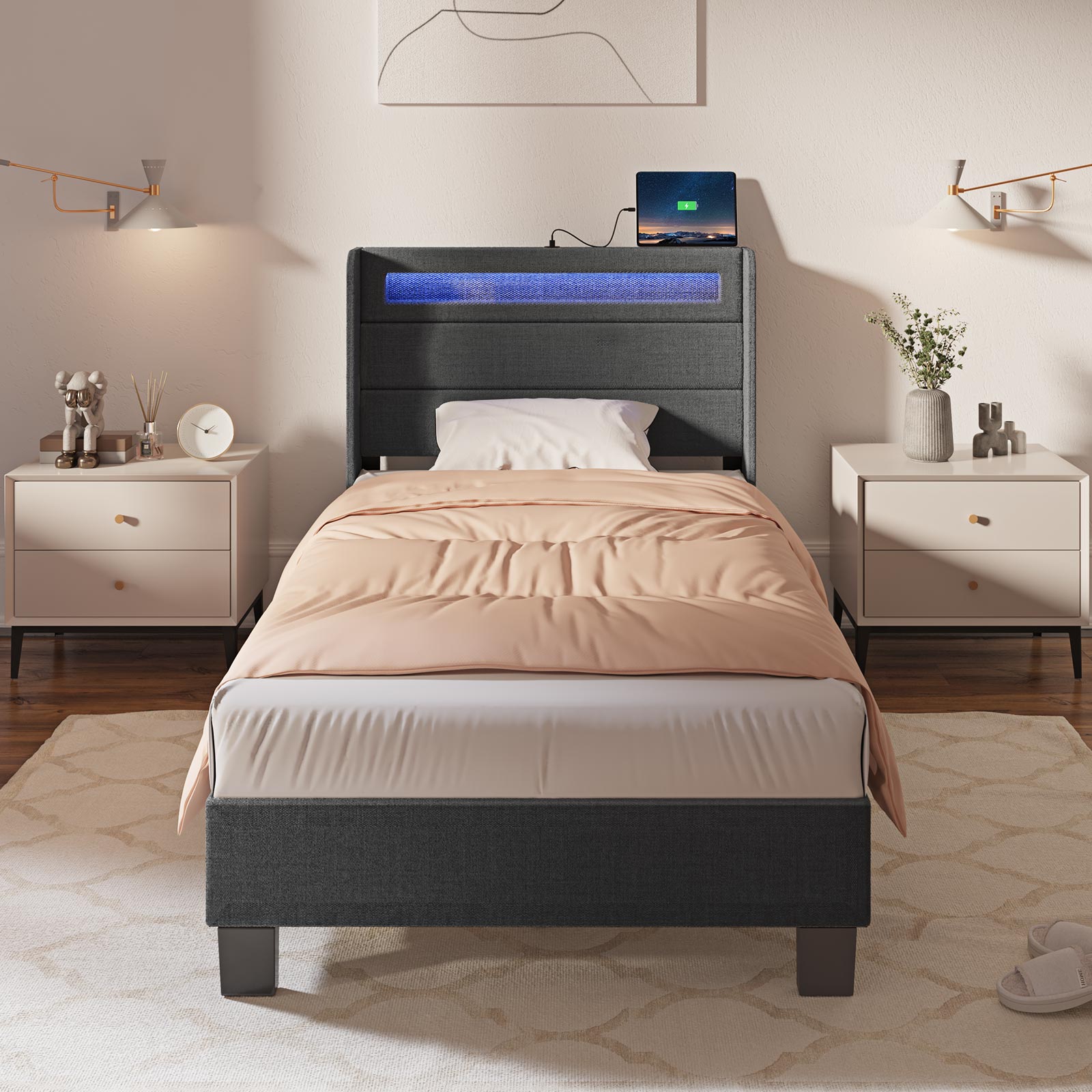 Rolanstar Bed Frame Full Size with Headboard, Motion Activated Night L