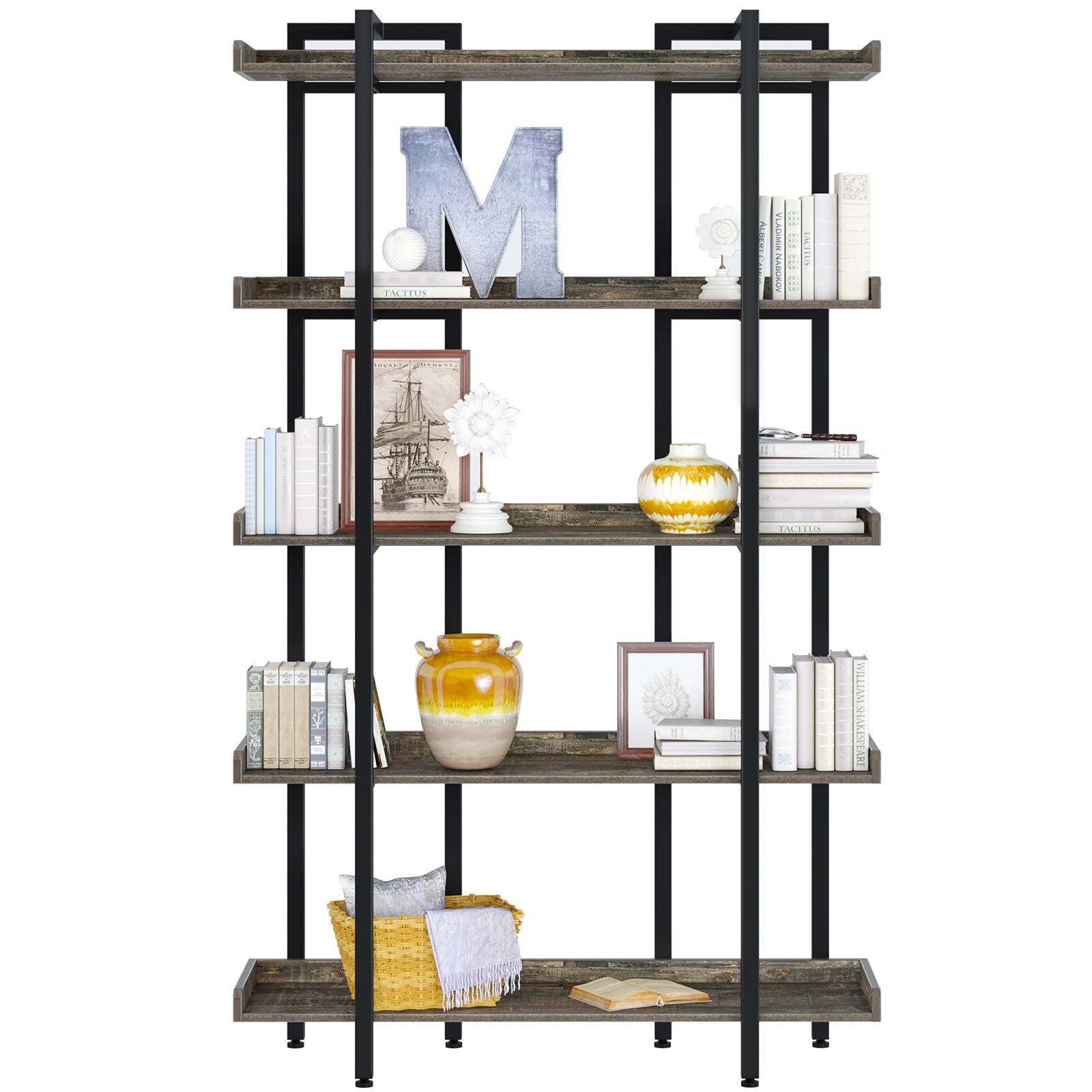 Rolanstar Bookshelf 5-Tier, 71.8’’H Industrial Book Shelf, Large Bookc