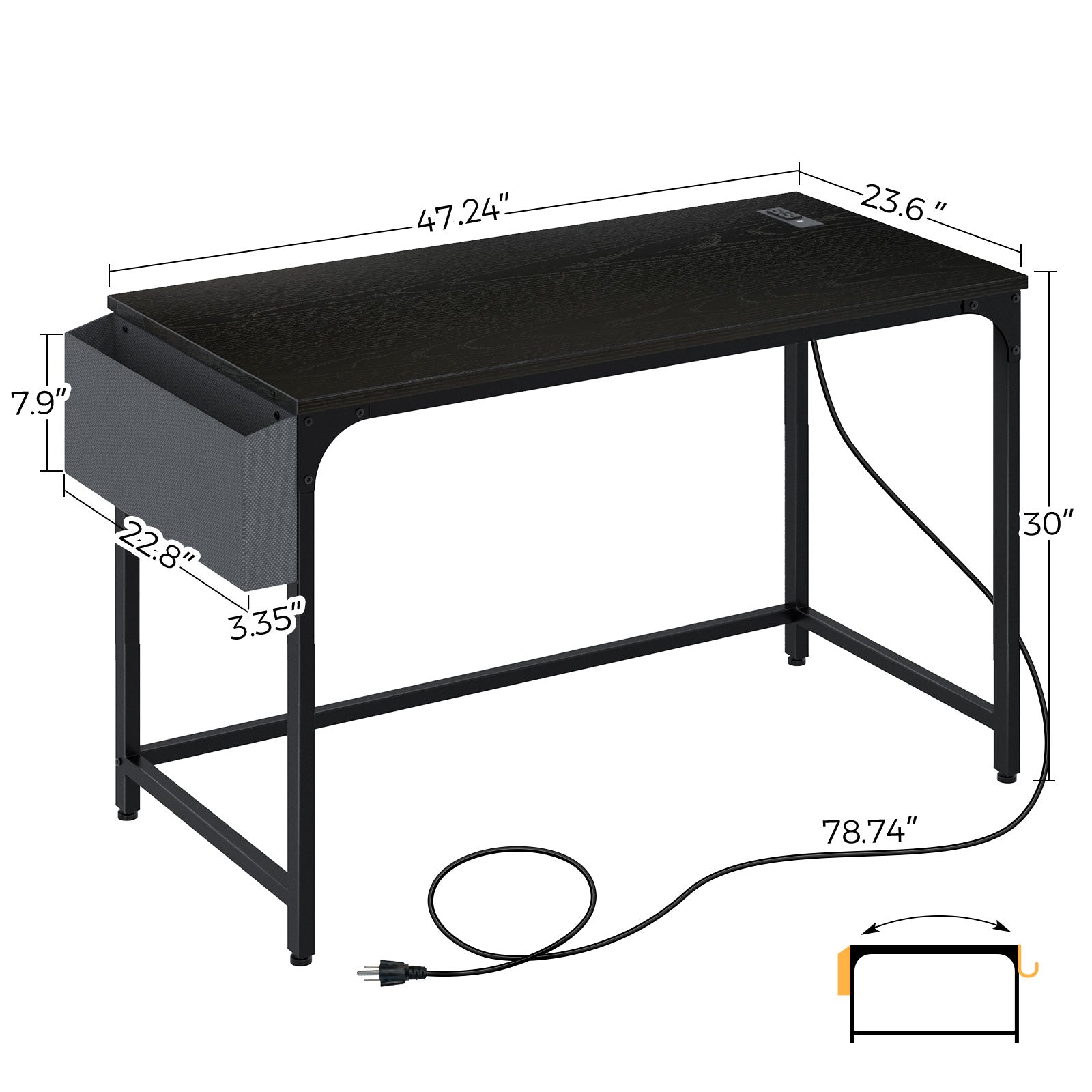 Rolanstar Computer Desk with Power Outlet, Side Storage Bag and Iron H