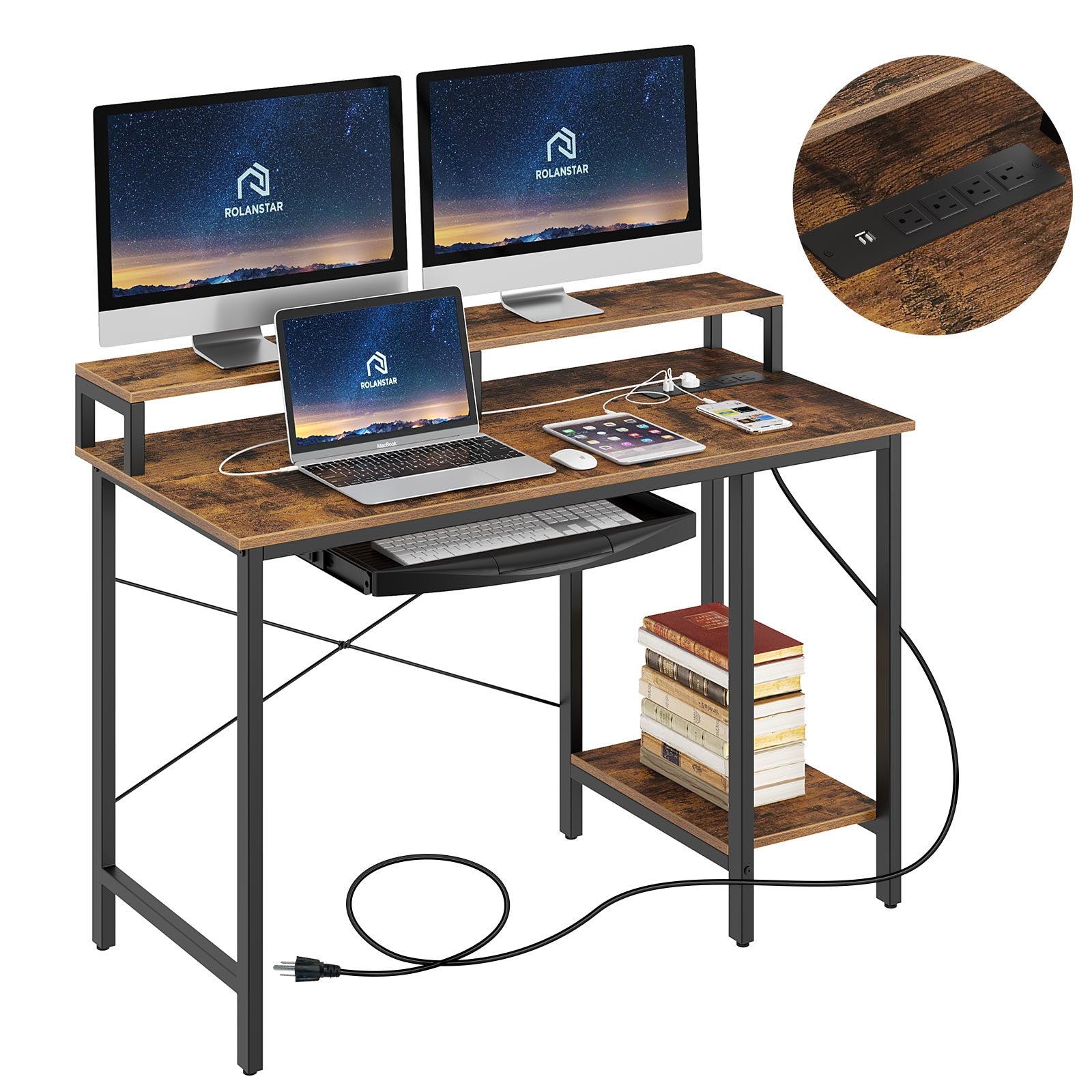 Rolanstar Computer Desk with Power Outlet, Keyboard Tray and Monitor S