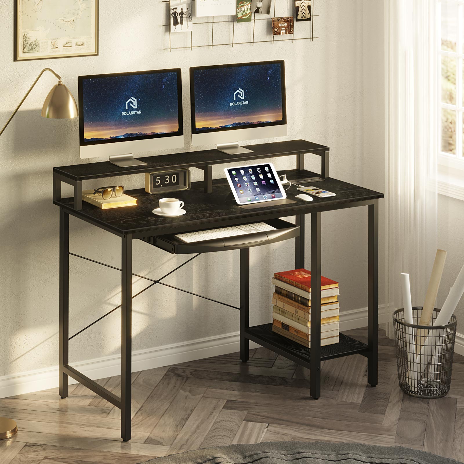 Rolanstar Computer Desk with Power Outlet, Keyboard Tray and Monitor S