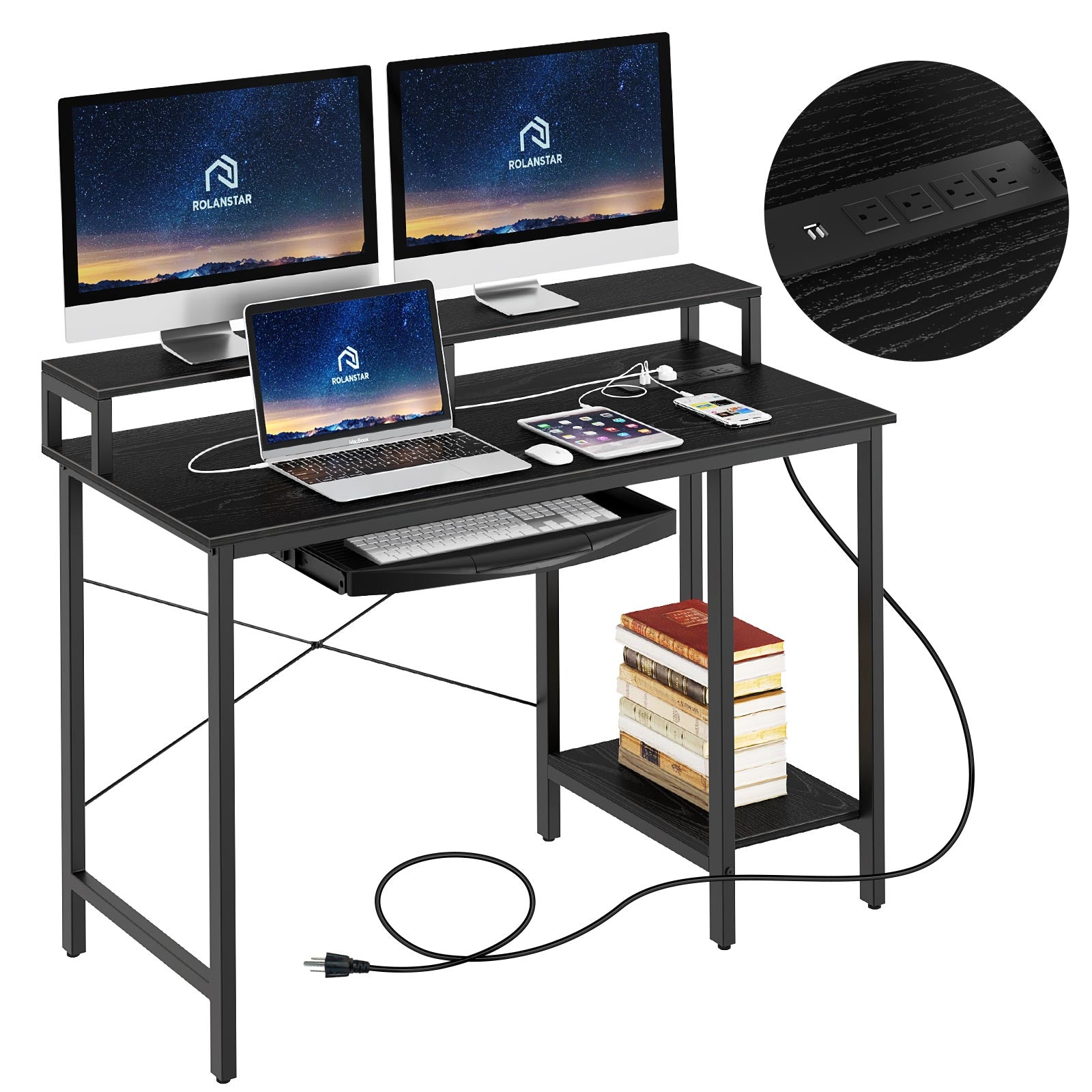 Rolanstar Computer Desk with Power Outlet, Keyboard Tray and Monitor S