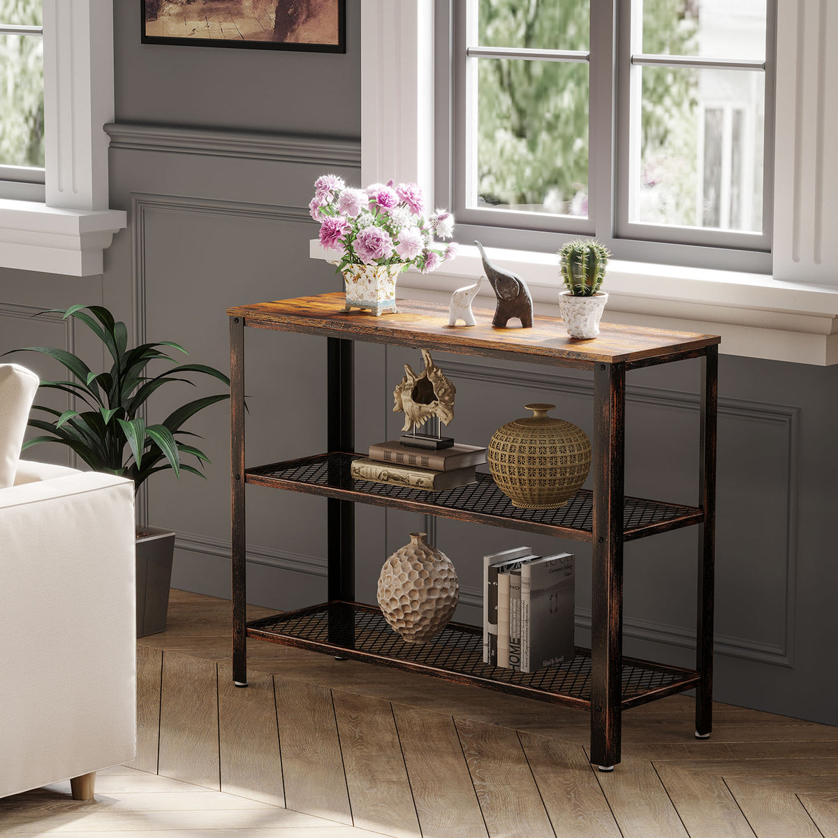 Rolanstar Metal Frame Console Table with Mesh Shelves