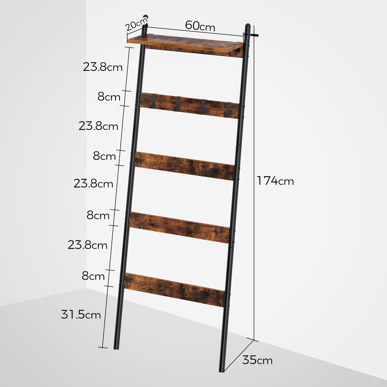 Rolanstar 5-Tier Farmhouse Ladder Shelf with Adjustable Shelf & 4 Hang