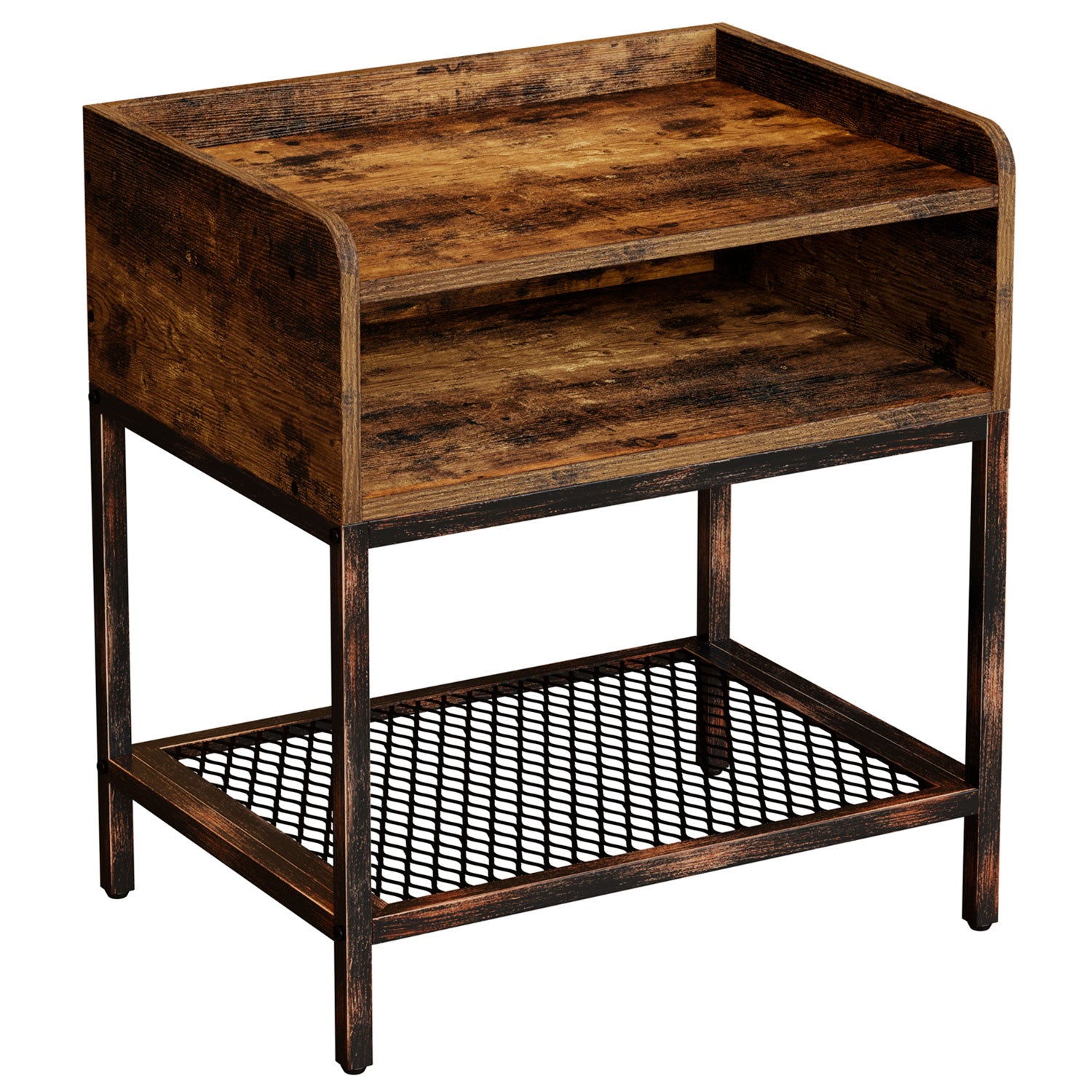 Rolanstar Rustic Side Table with Open Drawer, Metal Frame Nightstand w