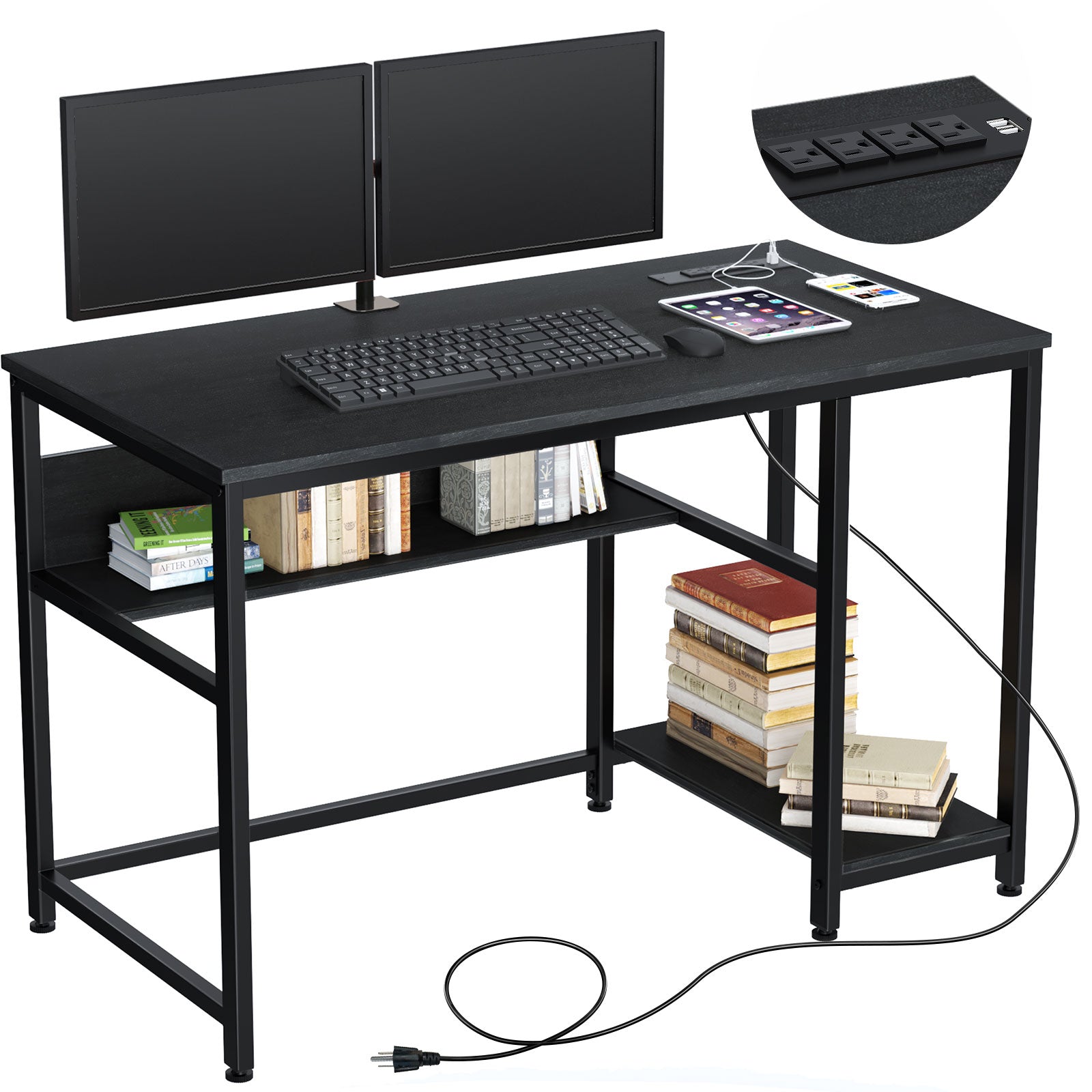 Rolanstar Metal Frame Computer Desk with Power Outlets and Storage She