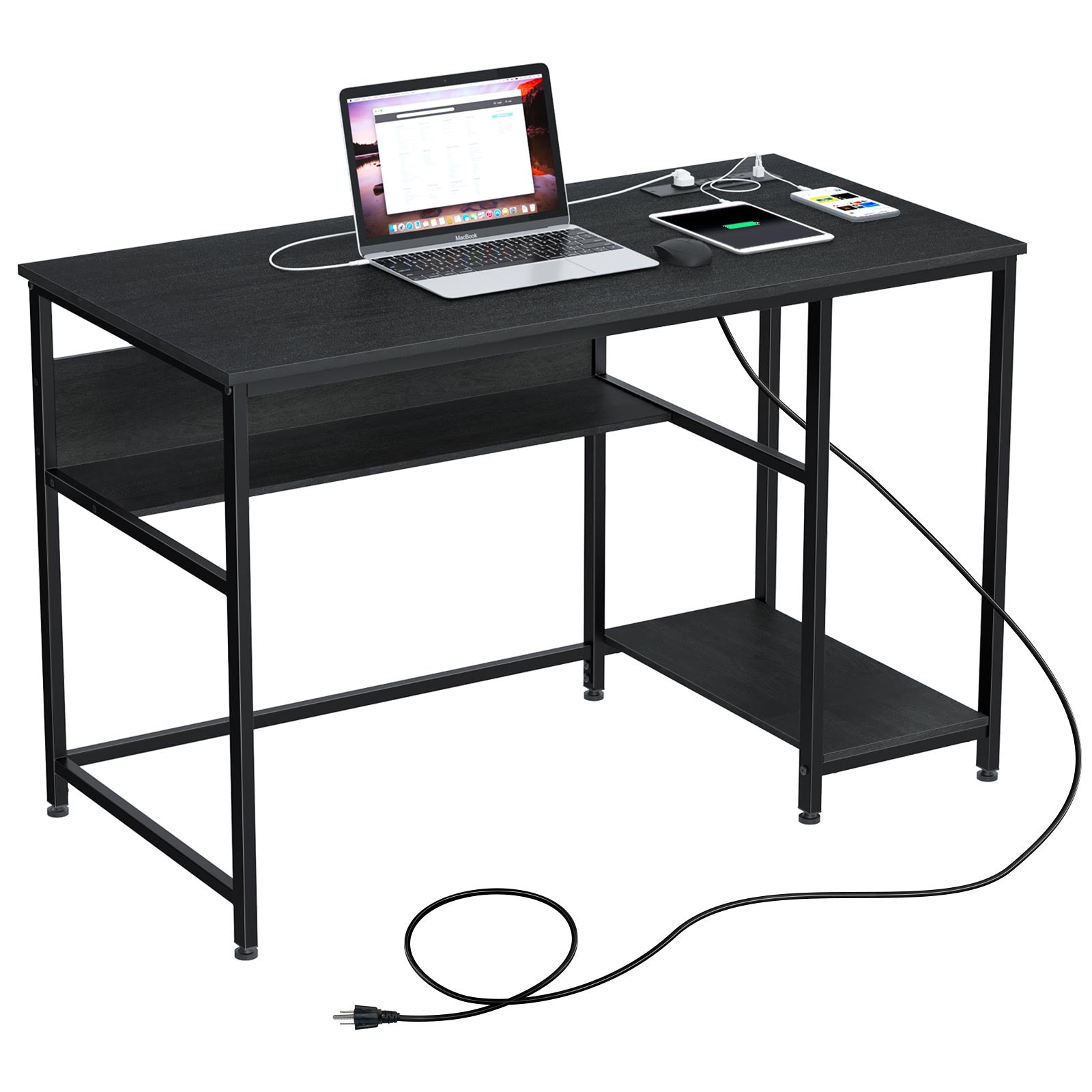 Rolanstar Metal Frame Computer Desk with Power Outlets and Storage She