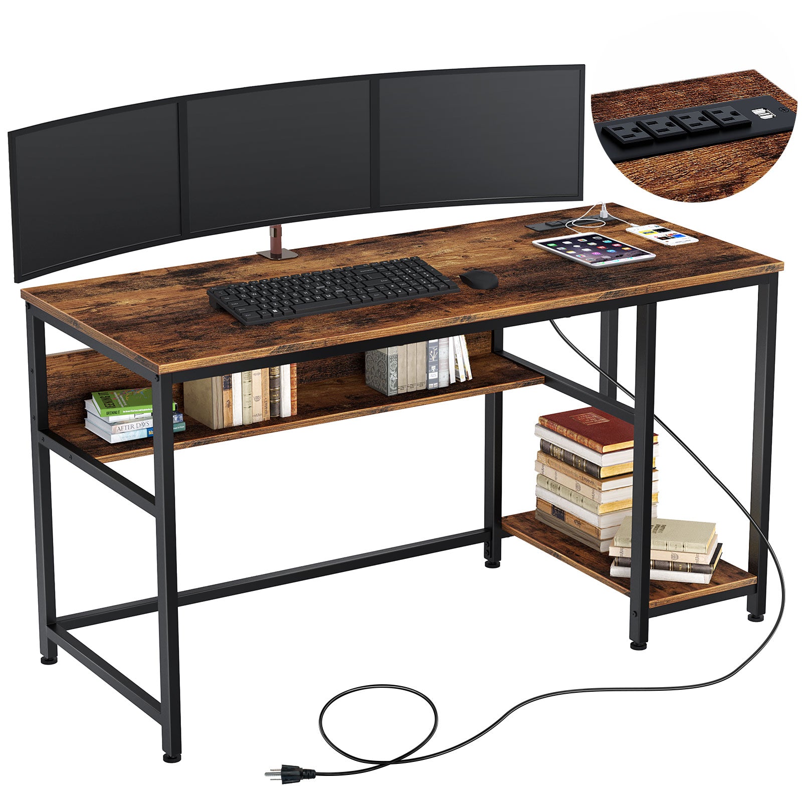 Rolanstar Metal Frame Computer Desk with Power Outlets and Storage She