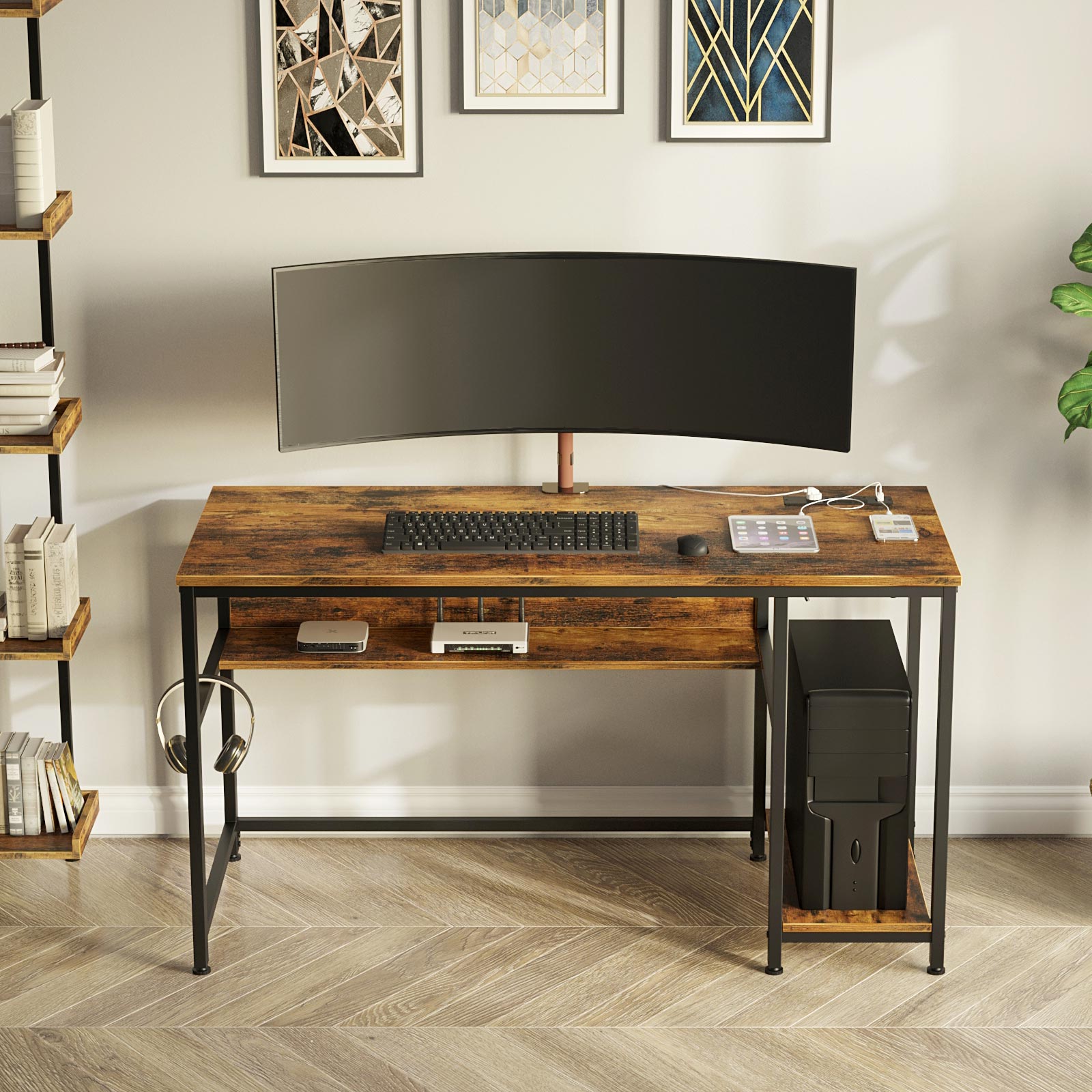 Rolanstar Metal Frame Computer Desk with Power Outlets and Storage She