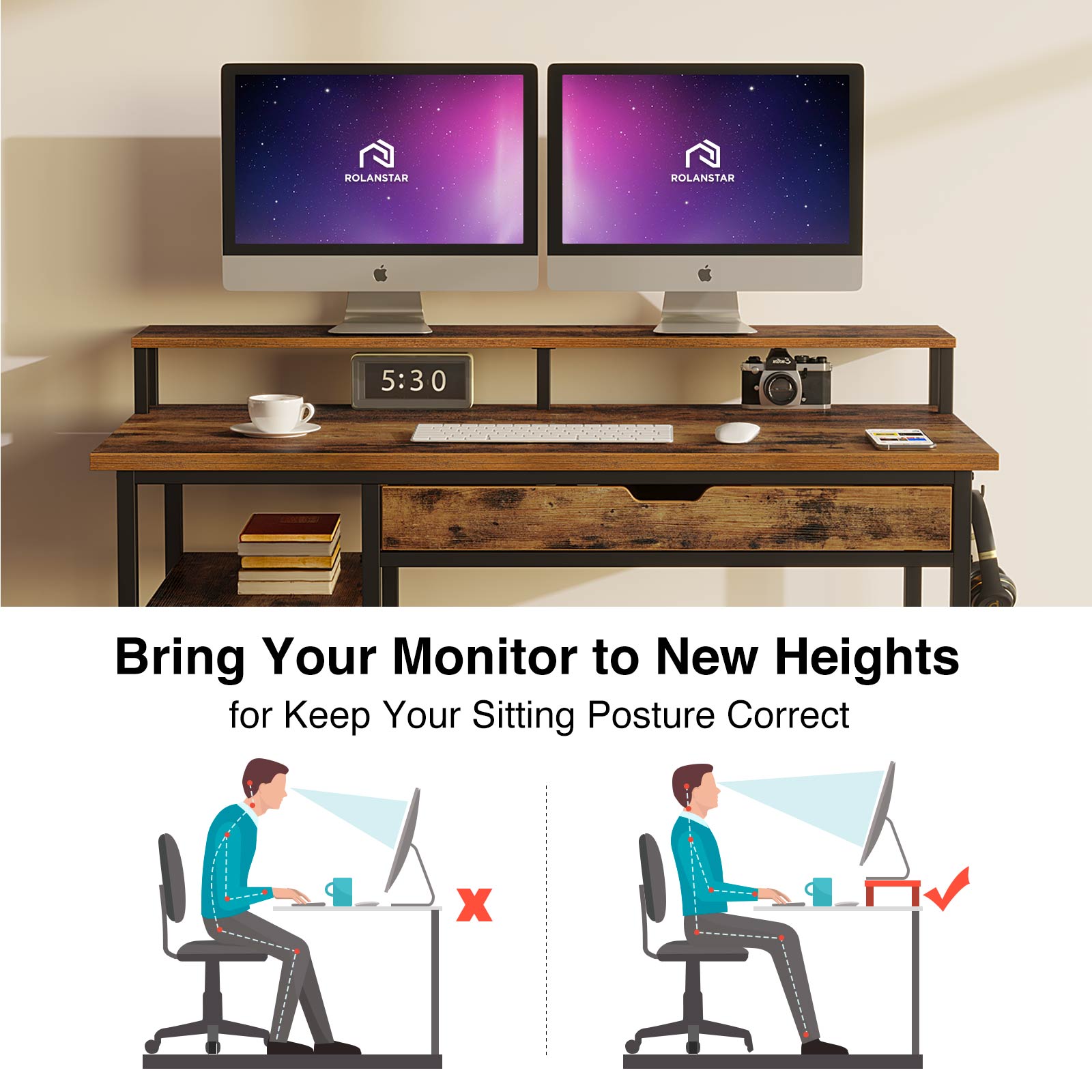 Rolanstar Computer Desk with Monitor Stand and Drawers 47 Inch