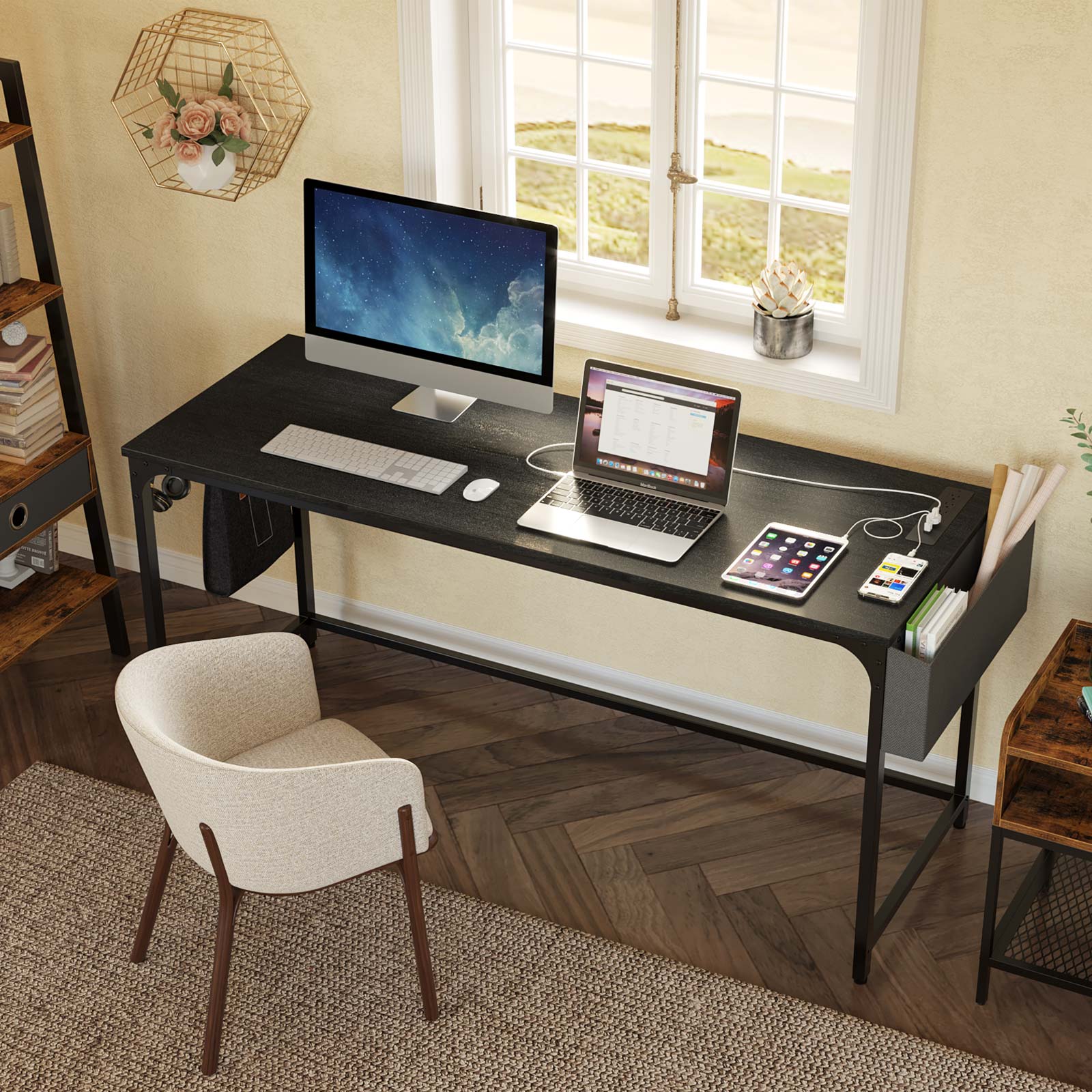 Rolanstar Computer Desk with Power Outlet, Side Storage Bag and Iron H
