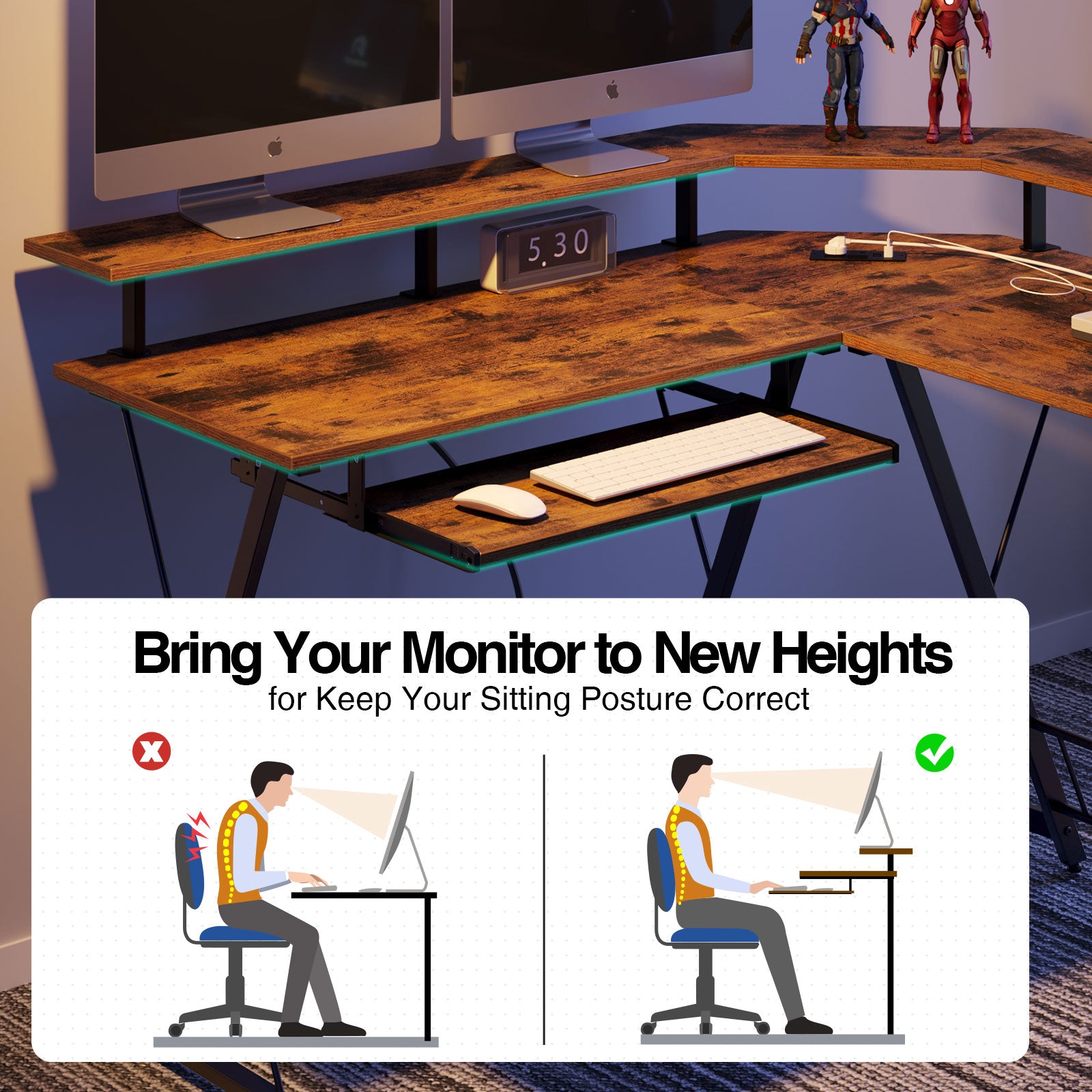 Rolanstar Computer Desk L Shaped with Power Outlet, 54” Reversible